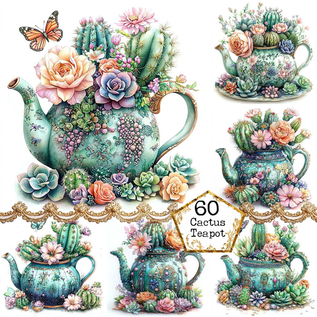 JPEG Fantasy Cactus Teapot Clipart Bundle Vintage Teapot Green Tea ...