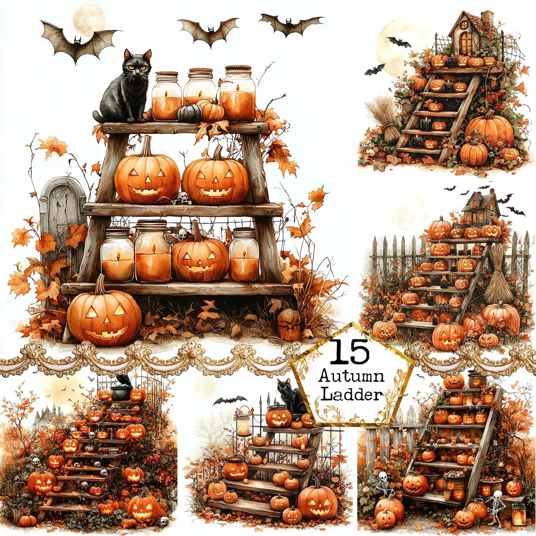 JPEG Watercolor Autumn Ladder Clipart Bundle Pumpkin Halloween Scene ...