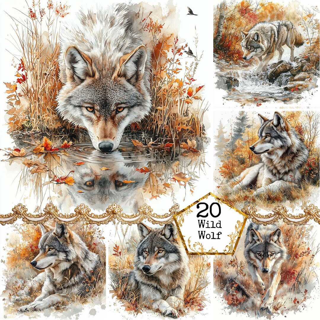 JPEG Watercolor Autumn Wolf Clipart Bundle JPEG Commercial Use ...