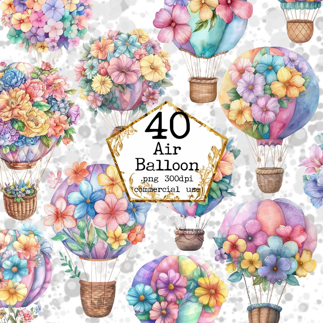 PNG Watercolor Floral Hot Air Balloons Vintage Clipart Watercolor ...