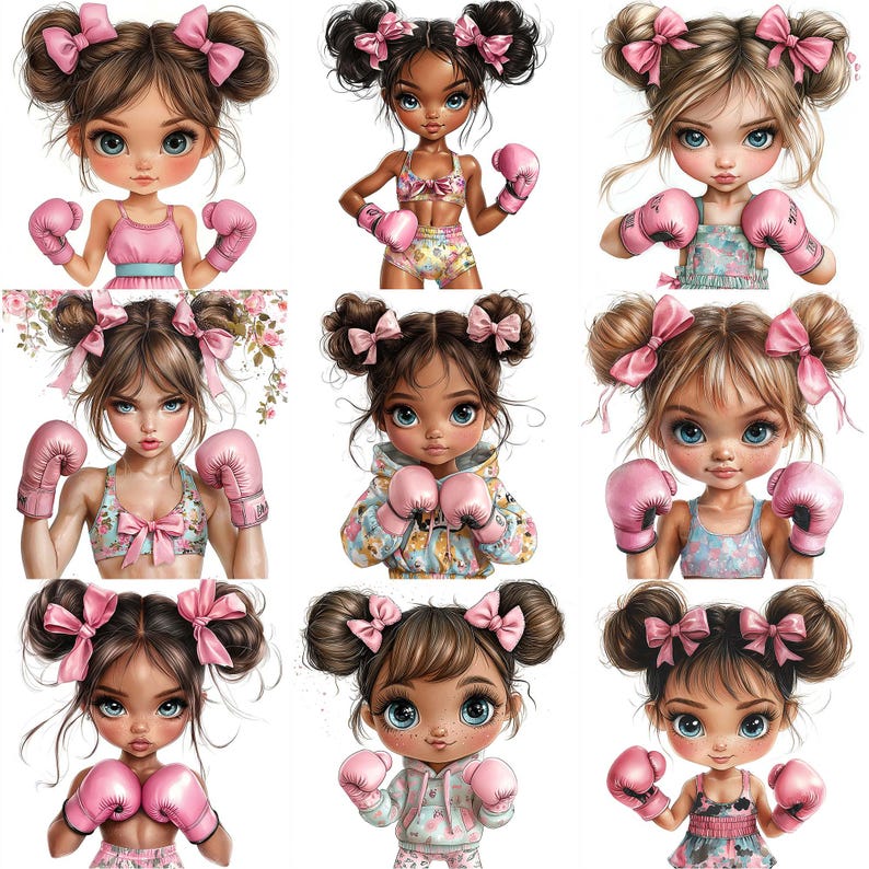 JPEG Cute Chibi Boxing Girl Clipart Bundle Pink Fashion Girl Strong ...