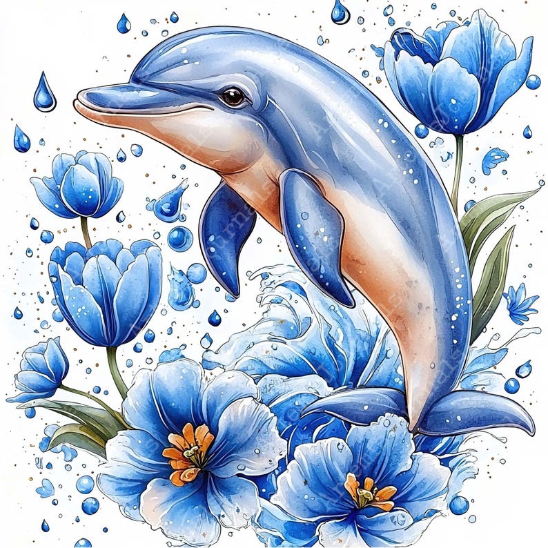 JPEG Watercolor Dolphin Clipart Bundle Floral Dolphin Clipart Sea Life ...