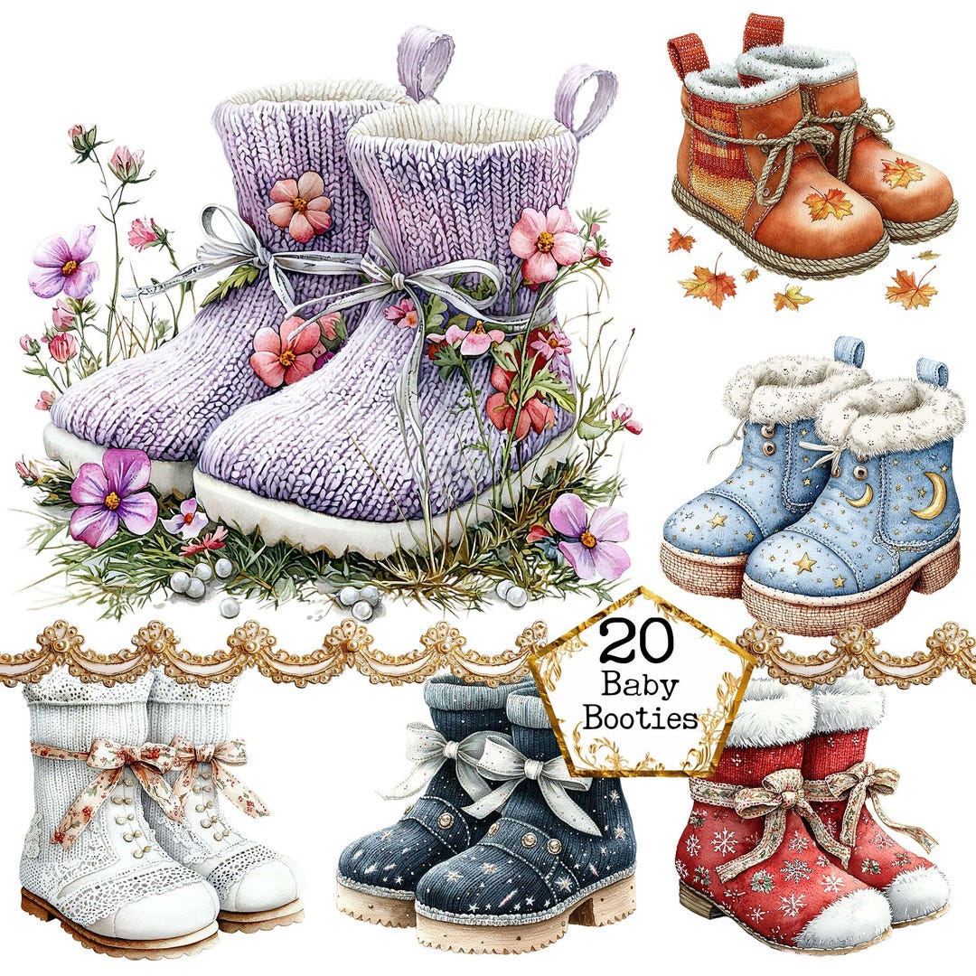 PNG + JPEG Watercolor Baby Booties Clipart Bundle Watercolor Baby Shoes ...