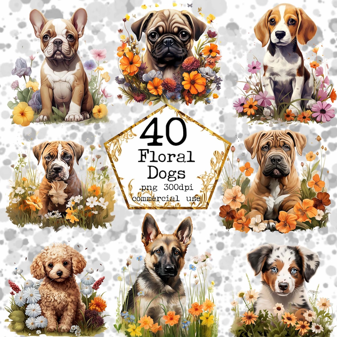 Watercolor Dogs With Flowers Clipart Bundle PNG Wild Flowers Clipart ...