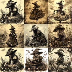 JPEG Vintage Witchy Backgrounds Lithograph Papers Monochromatic Witch ...