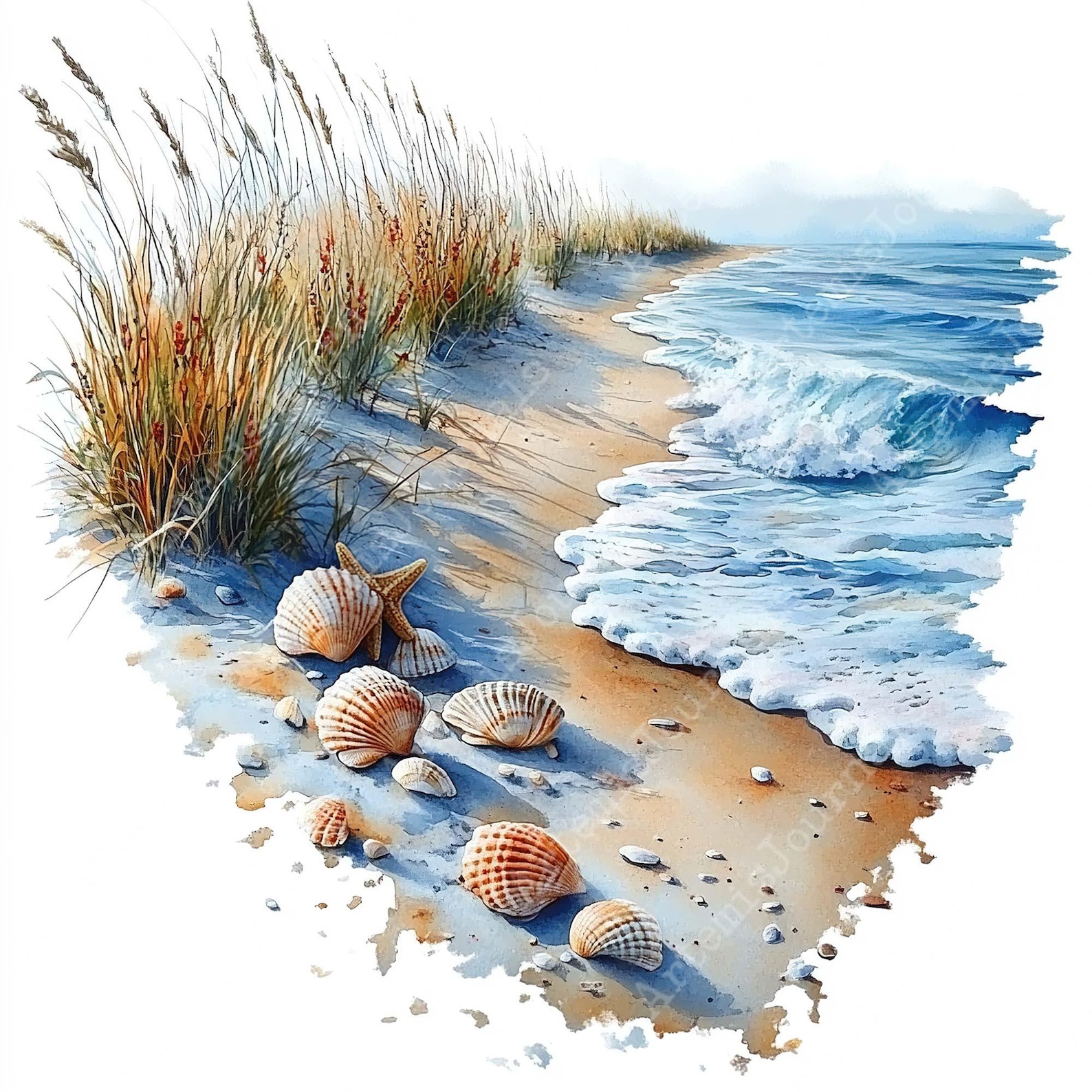 JPEG Watercolor Seashell on the Beach Clipart Bundle Overgrown Beach ...