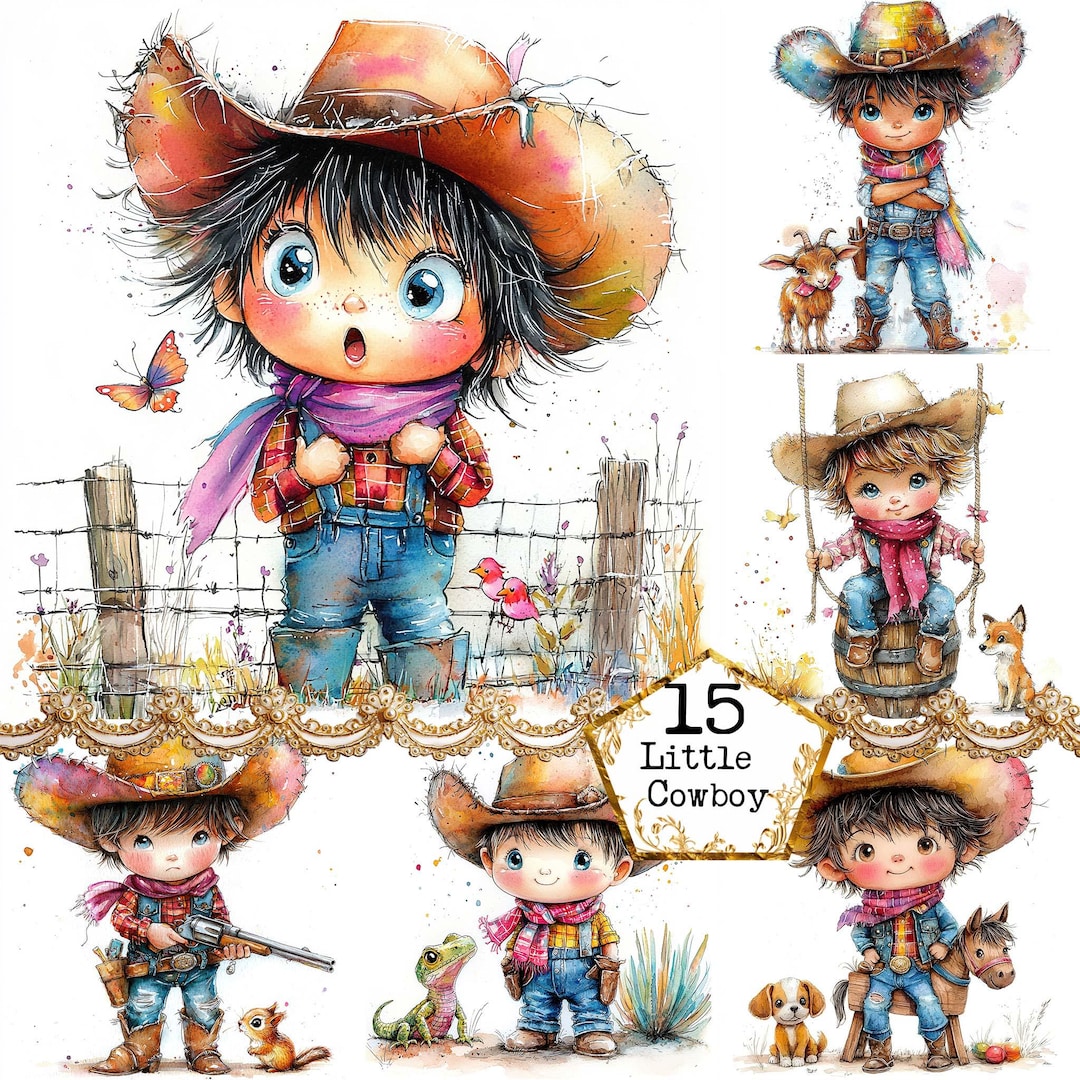 JPEG Watercolor Little Cowboy Clipart Bundle Wild West Clipart Nursery ...