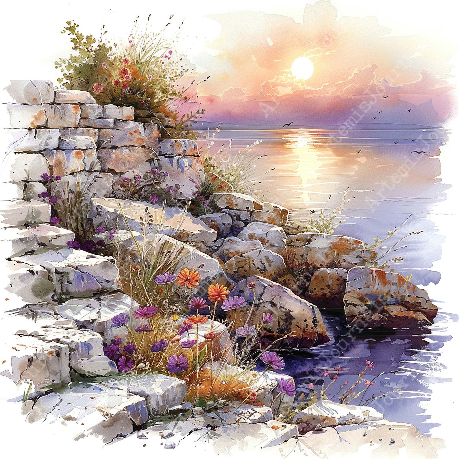 JPG Seaside Charm: Mediterranean Sunset Clipart Collection JPEG Wild ...