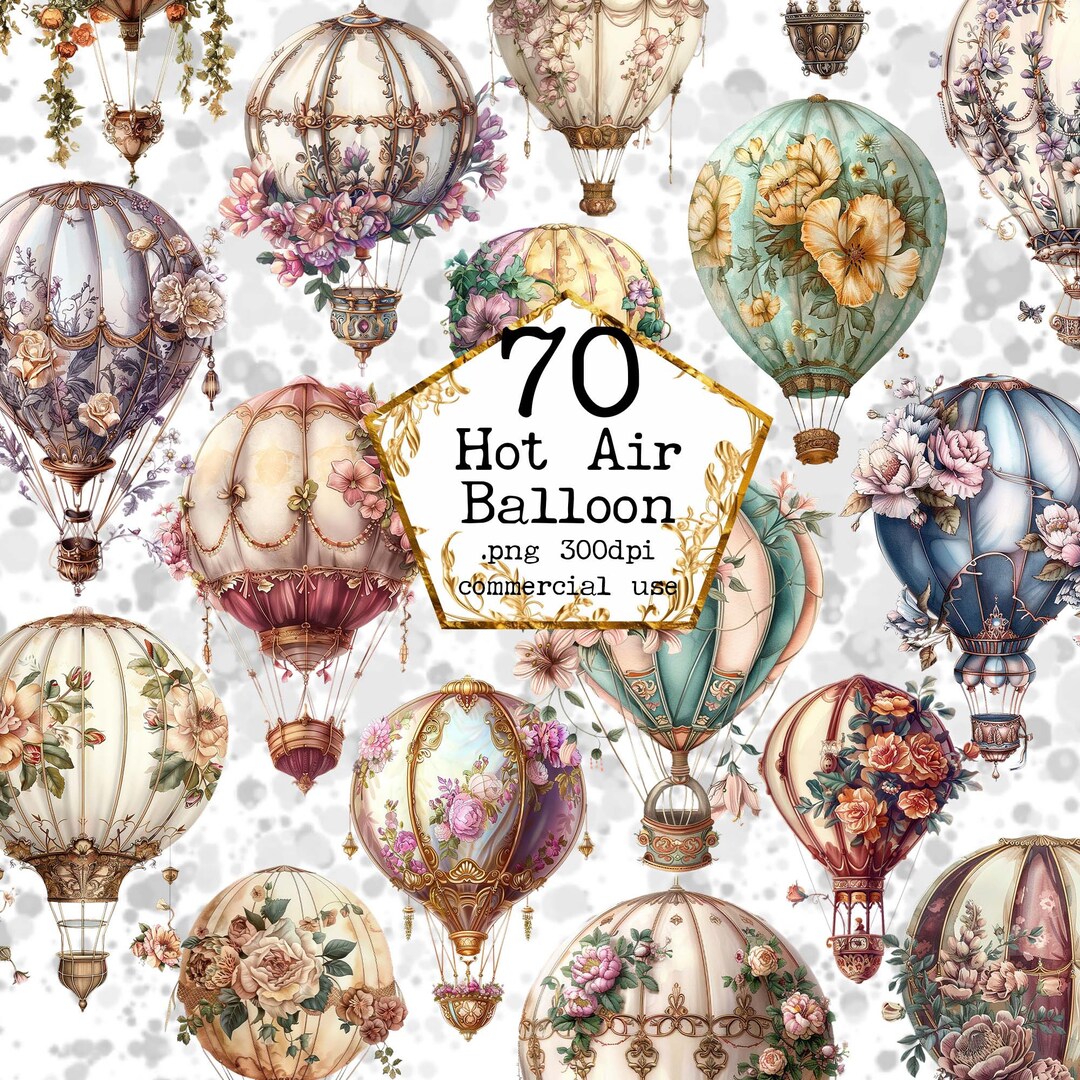 PNG Watercolor Floral Hot Air Balloons Vintage Clipart Watercolor ...