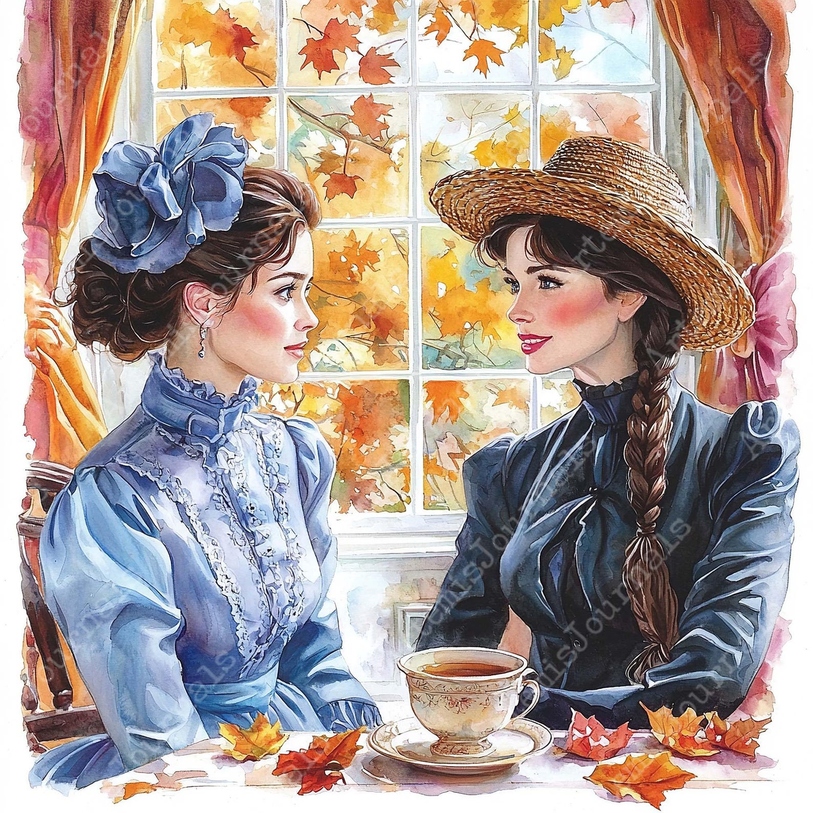 JPEG Watercolor Victorian Girls Best Friends Clipart Besties Friendship ...