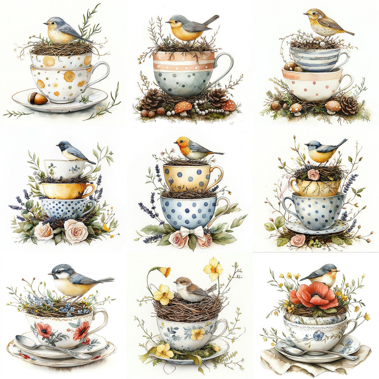 JPEG Watercolor Spring Teacup With Bird Nests Clipart Bundle Spring ...