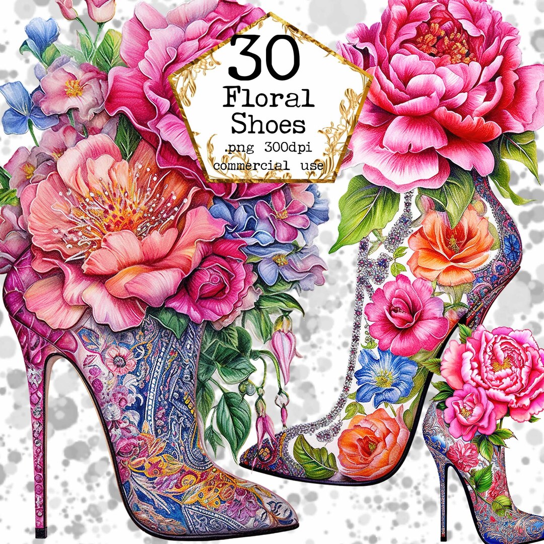 Watercolor Floral Shoes Clipart Bundle Overgrown Shoes Floral Clipart ...
