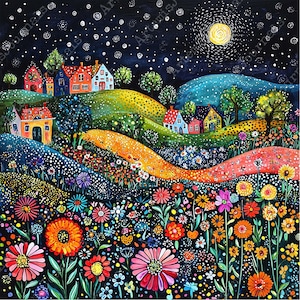 JPEG Whimsical Spring Village at Night Graphics Psychedelic Graphics ...