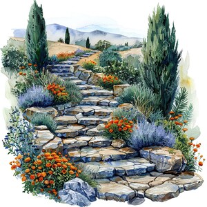 JPEG Watercolor Garden Overgrown Path With Flowers Clipart Bundle JPEG ...