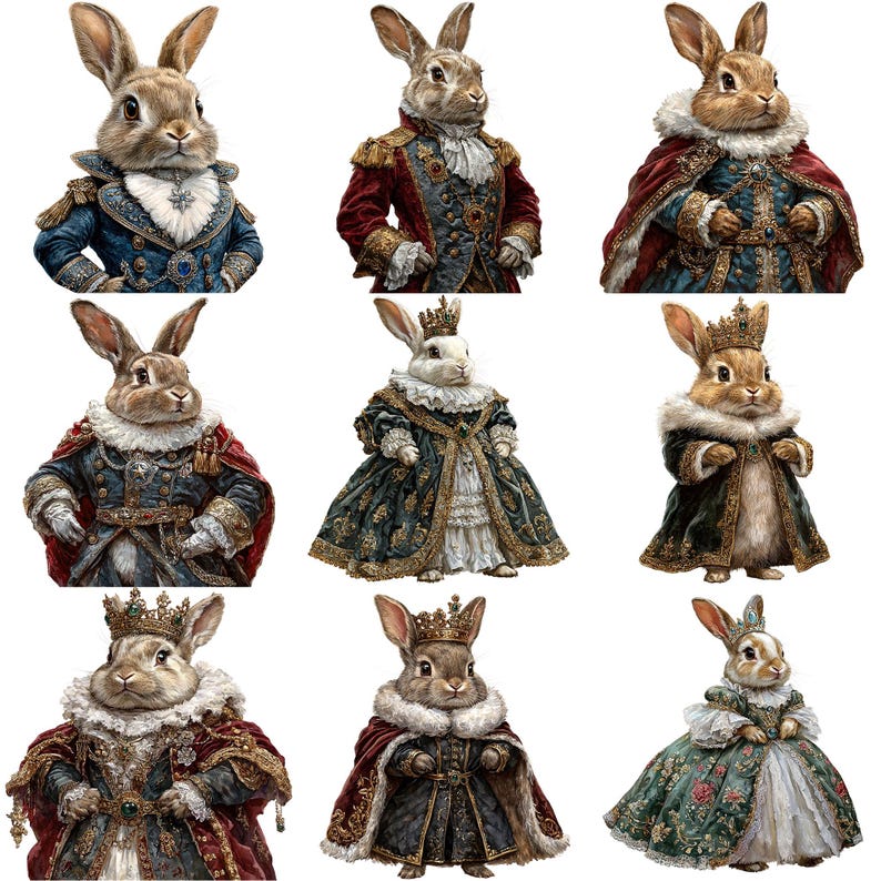 PNG + JPEG Watercolor Vintage Royal Rabbit Clipart Bundle Bunny in a ...