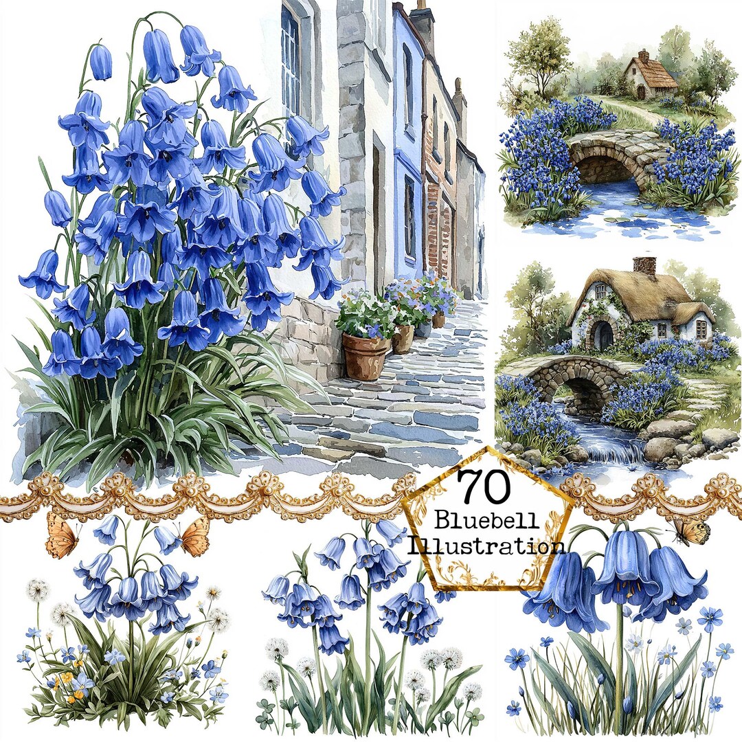 JPEG Watercolor Bluebell Clipart Bundle Flower Scenery Spring Clipart ...