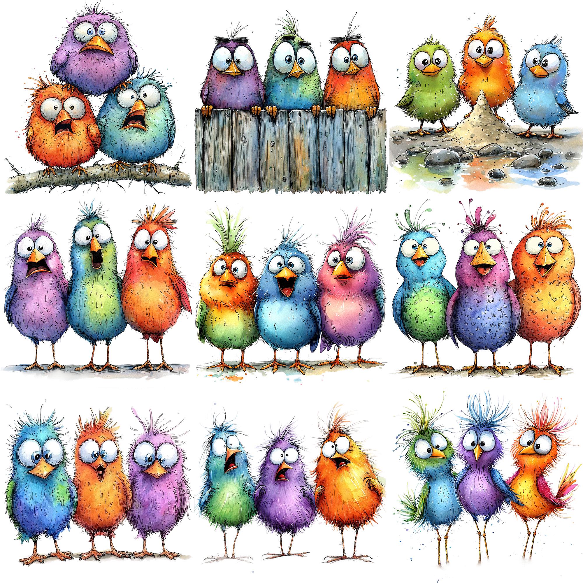 PNG + JPEG Colorful Watercolor Whimsical Birds Clipart Bundle Funny ...