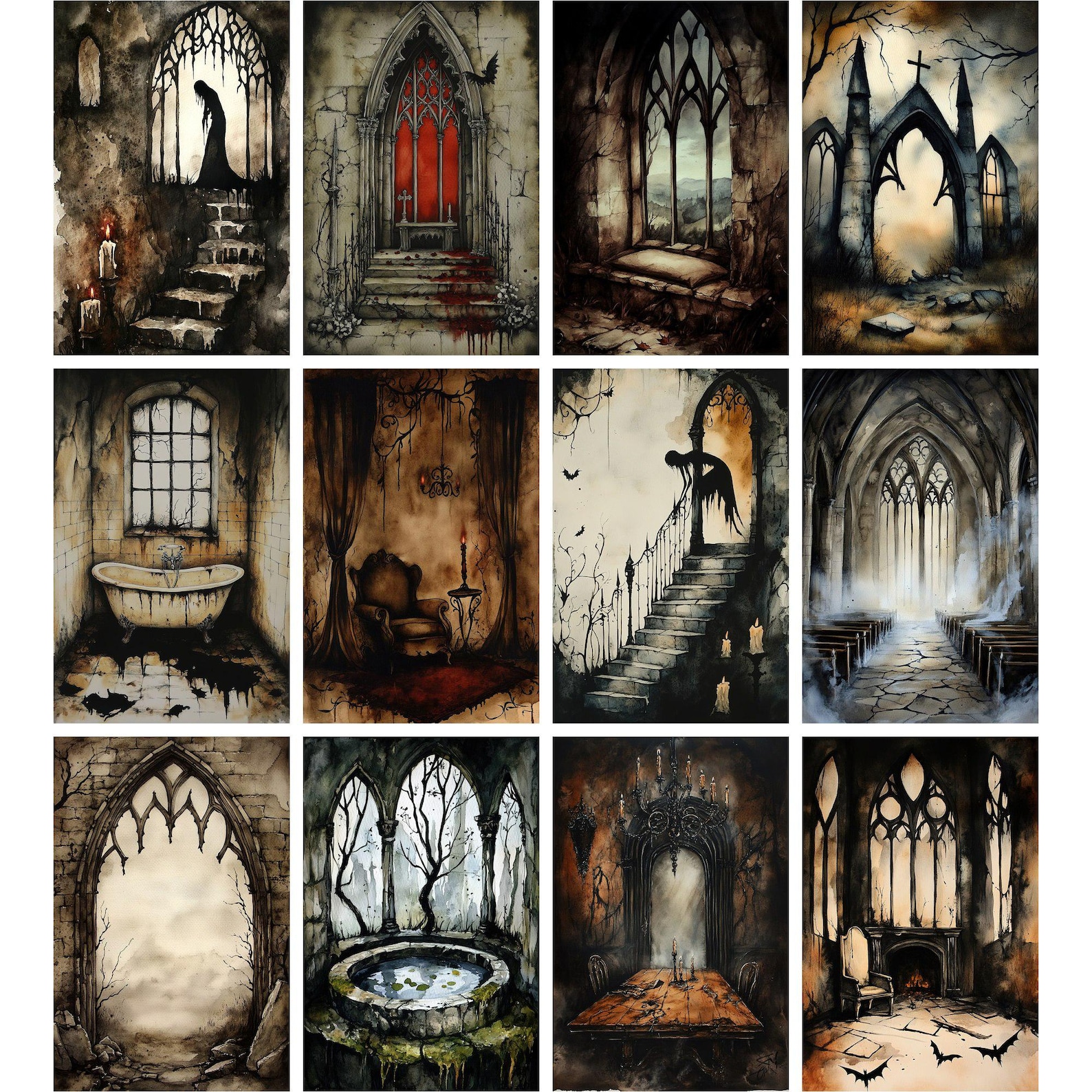 230 Watercolor Gothic Scenes - Printable Pages, Spooky Horror Junk ...