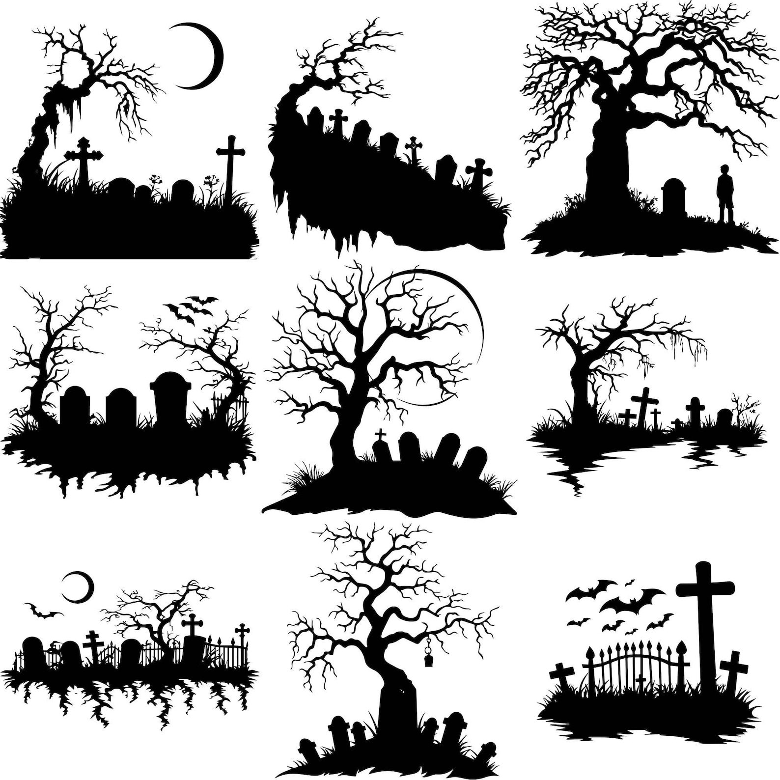 70 Graveyard Svg, Dxf, Eps, Ai, Pdf, Jpg, Png Spooky Graveyard Cemetery ...