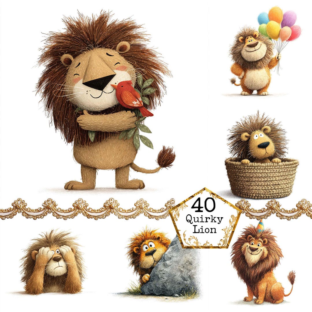 Quirky Lion - Clipart Bundle Whimsical Funny Animal Instant Download ...