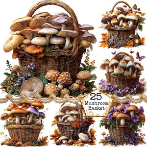 JPEG Watercolor Mushroom Baskets Clipart Bundle Magical Mushrooms Fall ...