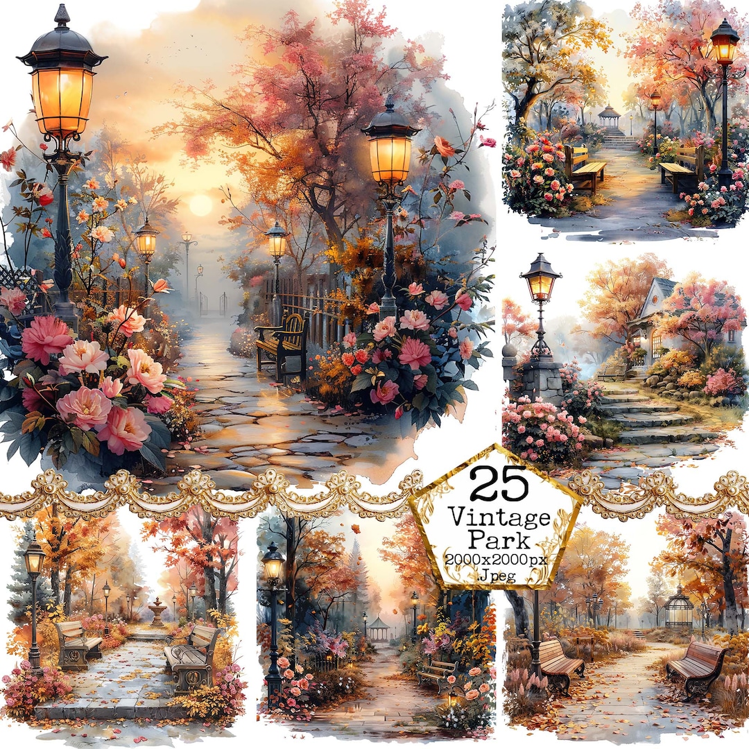 Watercolor Vintage Park by Night Scenery JPEG Commercial Use Bench ...