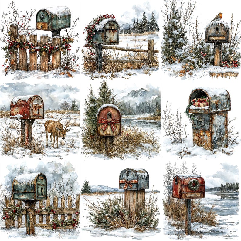 JPEG Watercolor Festive Mailbox Backgrounds Bundle Watercolor Winter ...