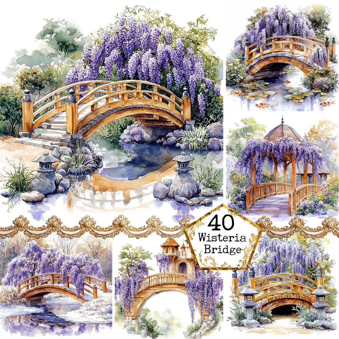 JPEG Watercolor Spring Bridge Clipart Bundle Wisteria Clipart ...