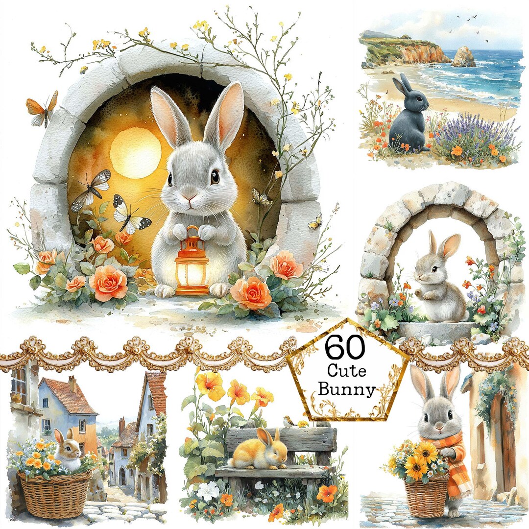 JPEG BIG Watercolor Cute Bunny Clipart Bundle Spring Rabbit Floral ...