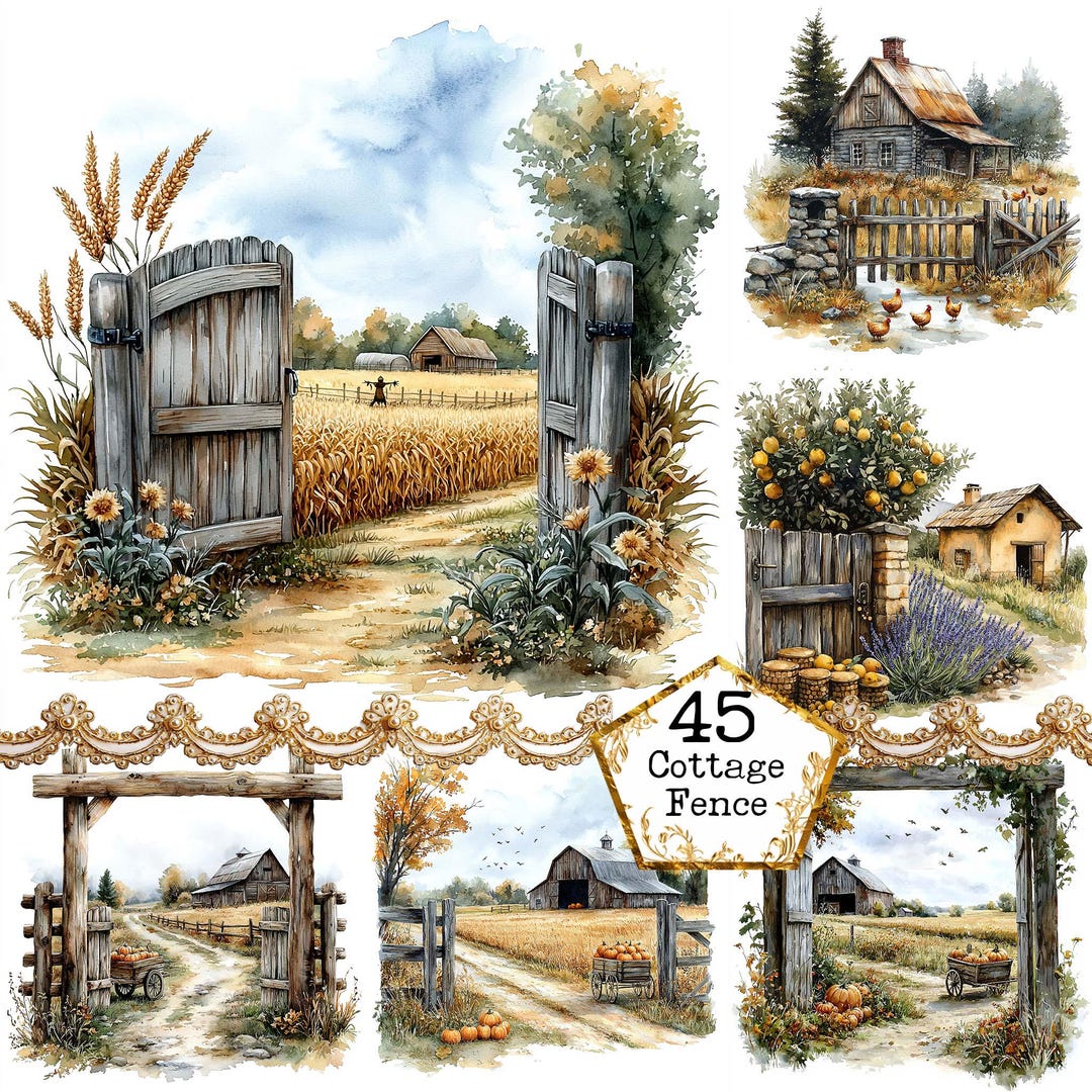 JPEG Watercolor Rustic Fence Clipart Bundle Cottagecore Cottage Clipart ...