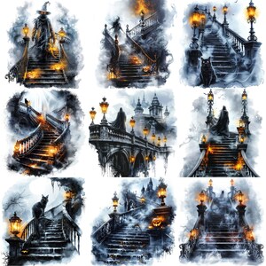 JPEG Watercolor Gothic Haunted Staircase Clipart Bundle Halloween ...