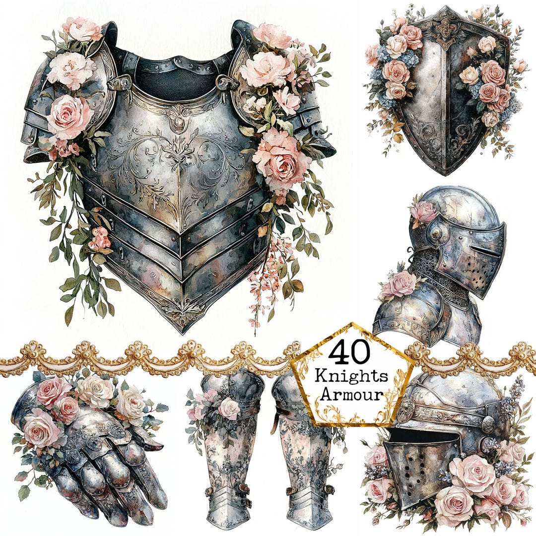 JPEG Watercolor Floral Knights Armor Clipart Bundle Medieval Knight ...