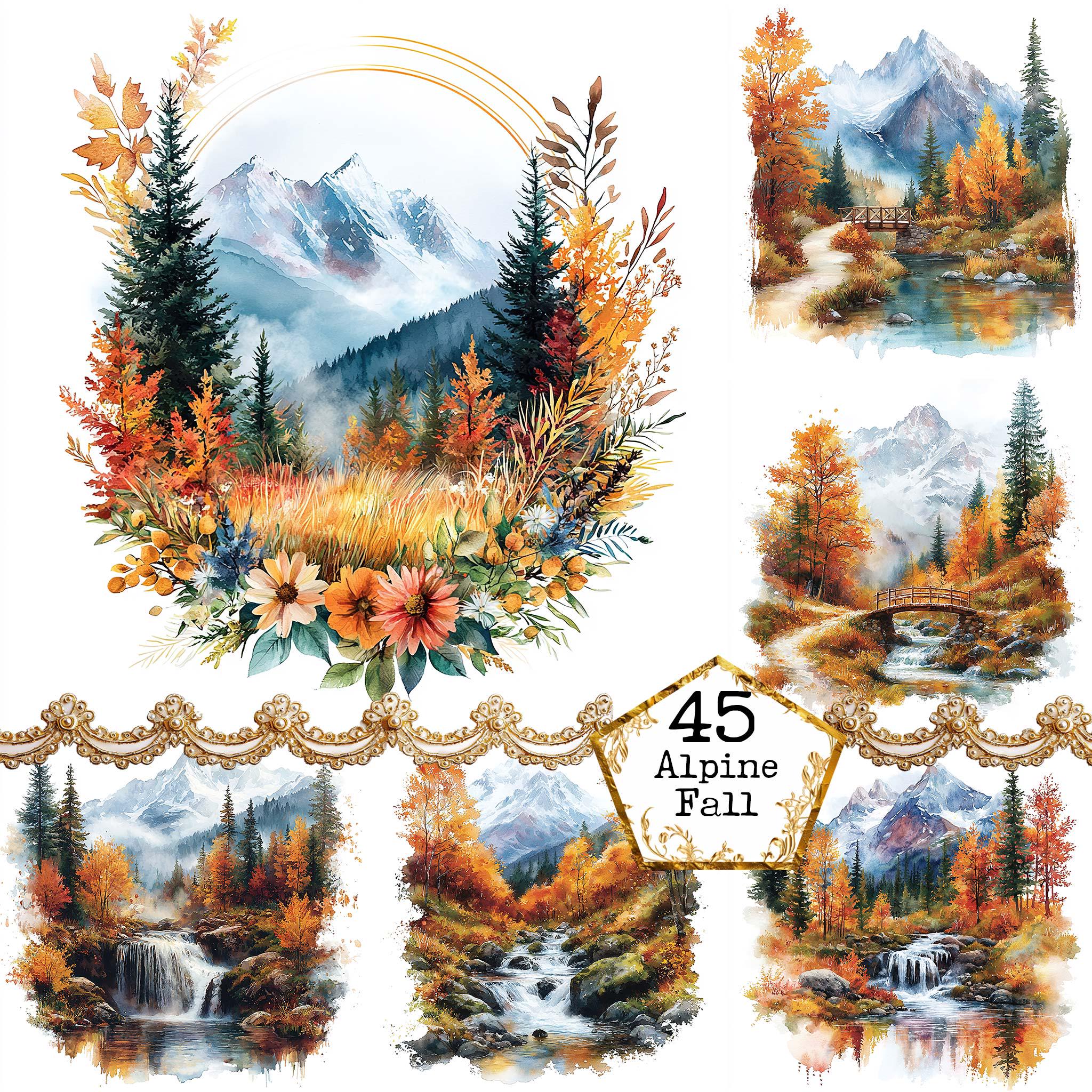JPEG Watercolor Autumn Mountain Clipart Bundle Fall Mountain Scenery ...