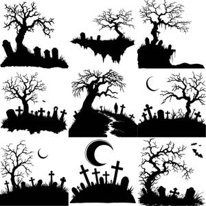 70 Graveyard Svg, Dxf, Eps, Ai, Pdf, Jpg, Png Spooky Graveyard Cemetery ...
