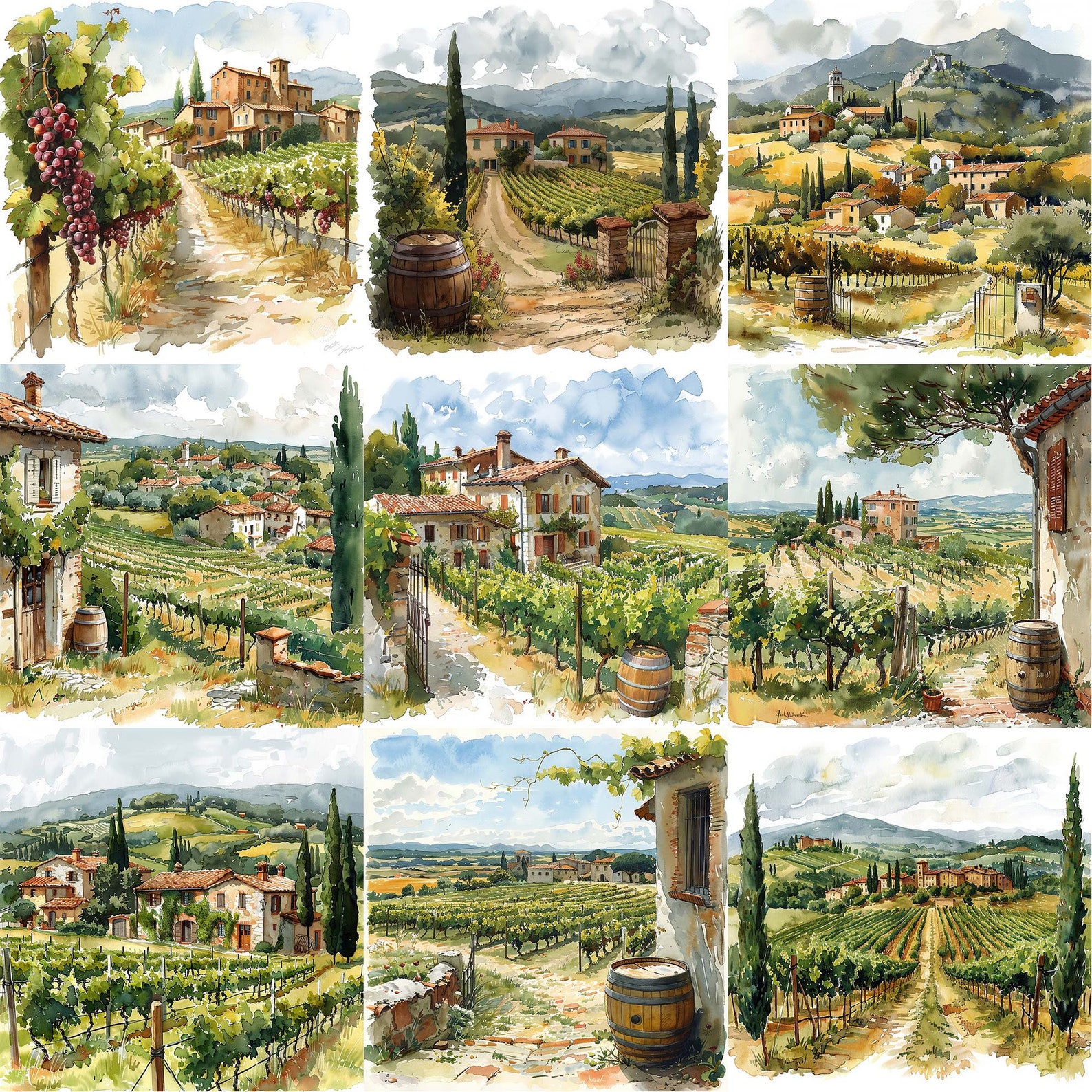 Watercolor French Vineyards Clipart JPEG Memory Books Digital Planners ...