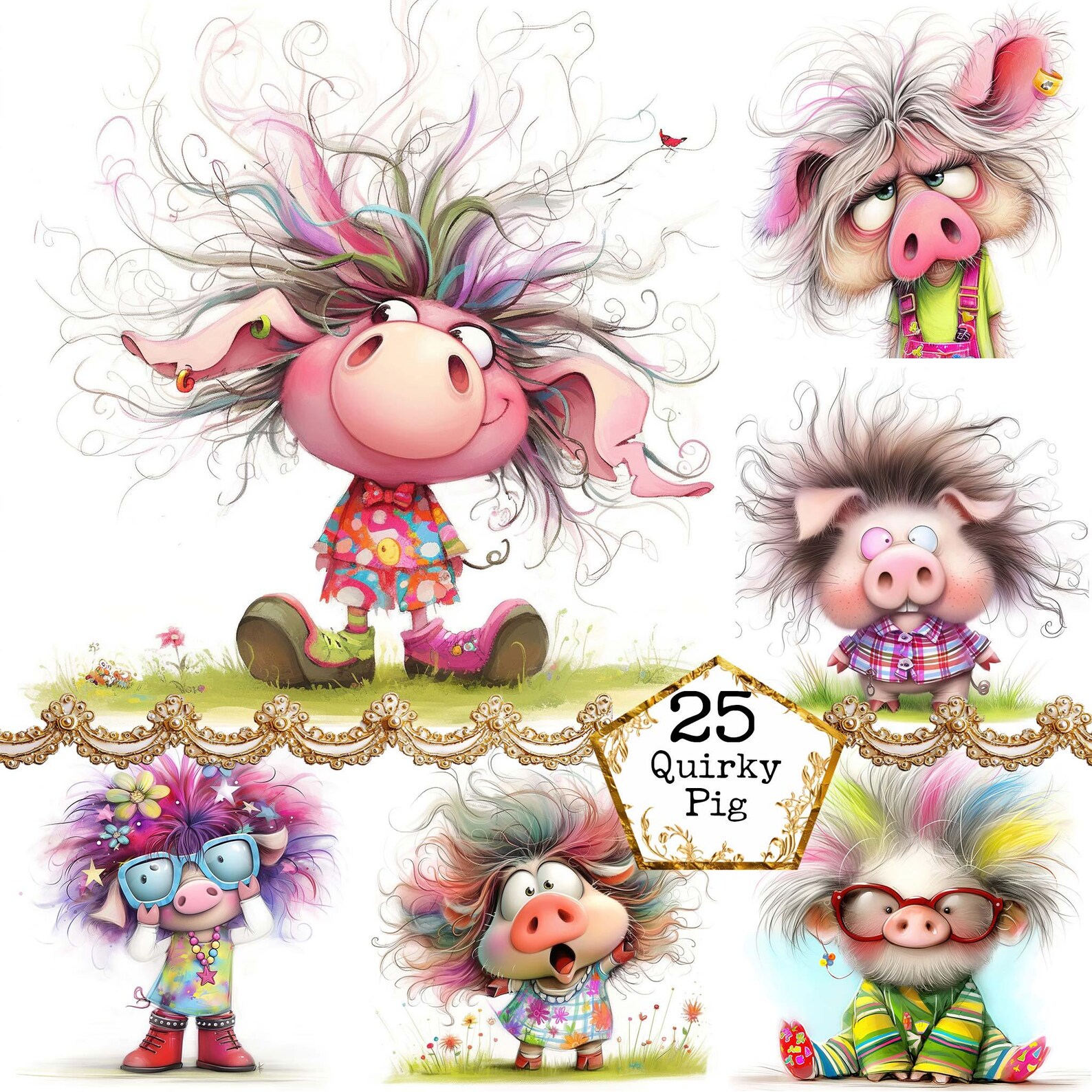 JPEG Watercolor Quirky Pig Clipart Bundle Whimsical Animal Clipart Cute ...