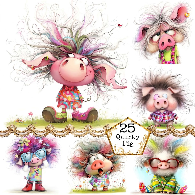 JPEG Watercolor Quirky Pig Clipart Bundle Whimsical Animal Clipart Cute ...