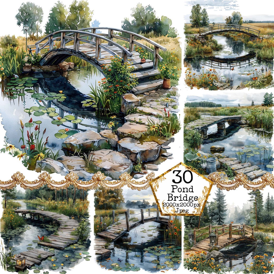 Watercolor Wooden Bridge Over Pond JPEG Scenery Clipart Landscape ...