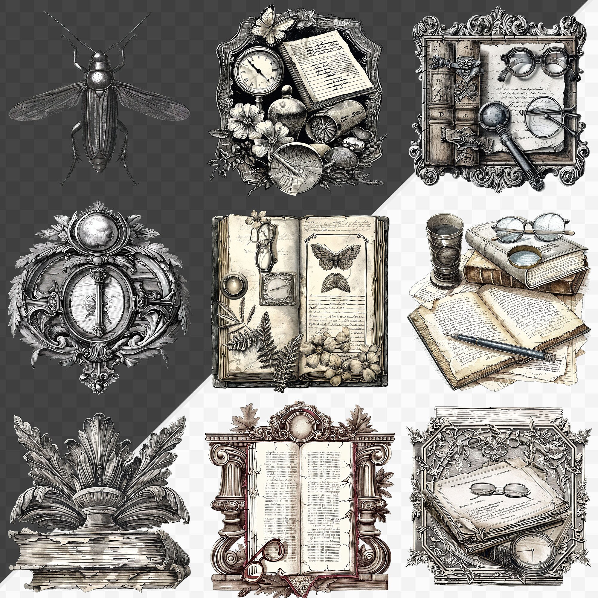 PNG BIG Vintage Ephemera Clipart Bundle Monochromatic Clipart ...