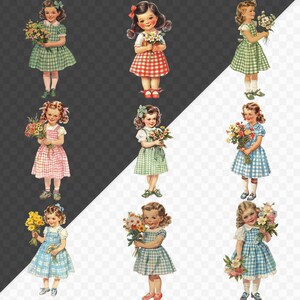Retro Spring Girl Clipart Bundle Floral Girl Cute Little Child PNG ...