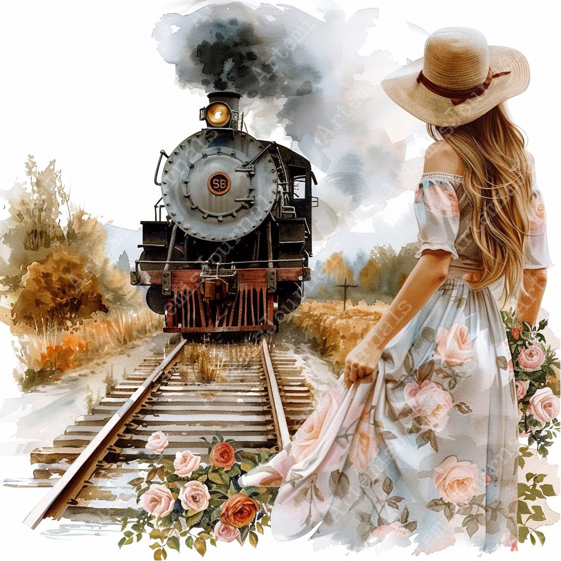 JPEG Shabby Chic Watercolor Vintage Train Station Clipart Bundle JPEG ...