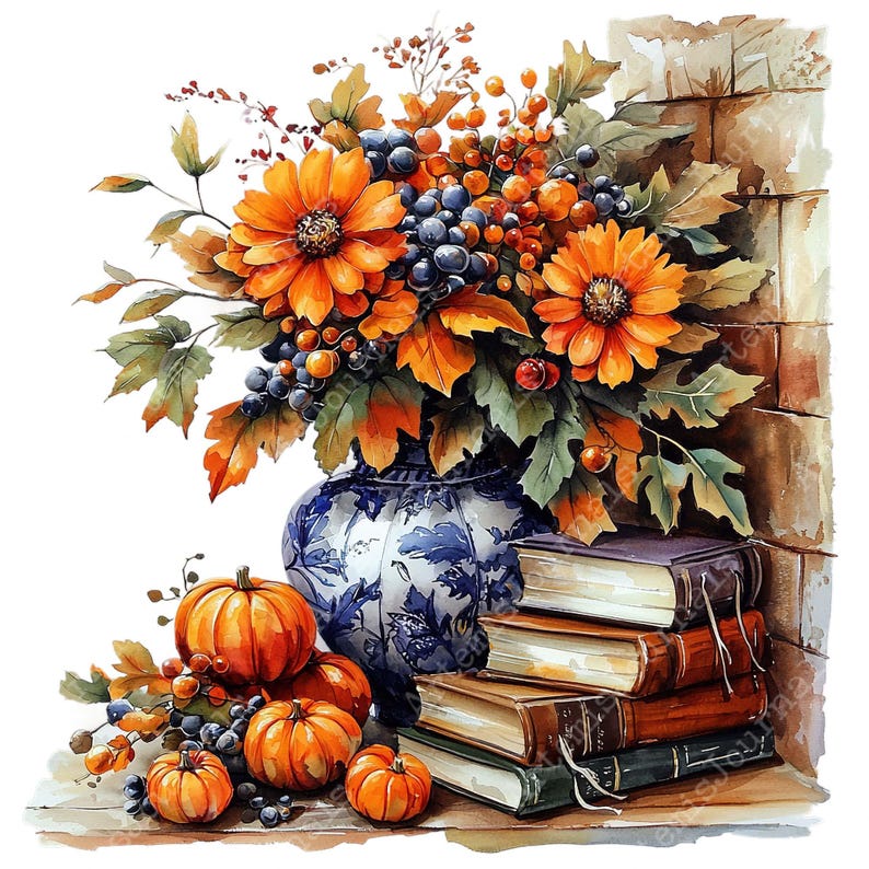 PNG + JPEG Watercolor Autumn Bouquet Clipart Bundle Autumn Scenery Fall ...