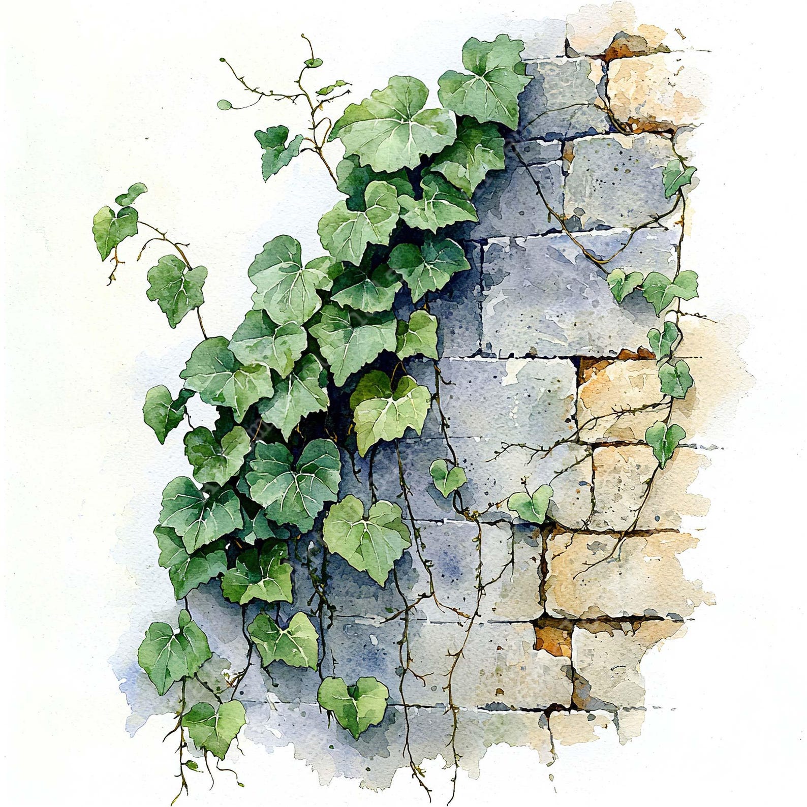 JPEG Watercolor Stone Wall With Ivy Clipart Bundle Watercolor ...
