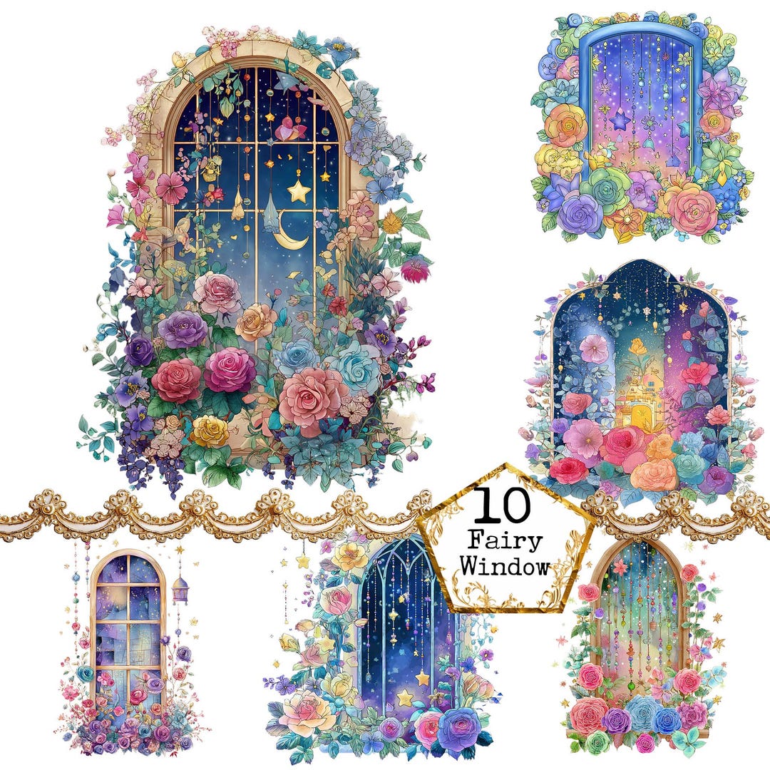 PNG + JPEG Watercolor Fairy Window Clipart Bundle Magical Window ...