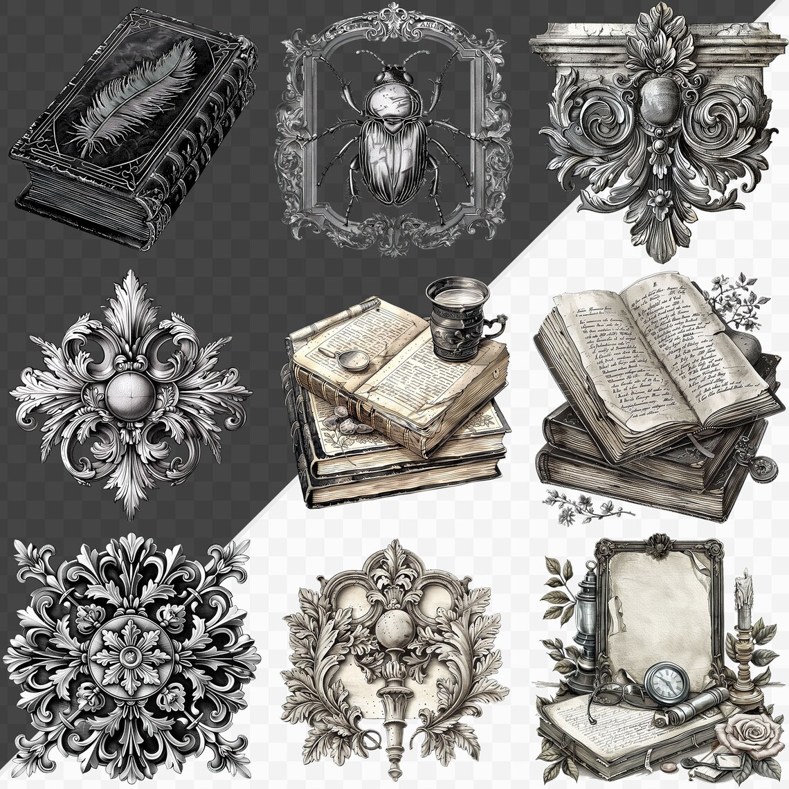 PNG BIG Vintage Ephemera Clipart Bundle Monochromatic Clipart ...