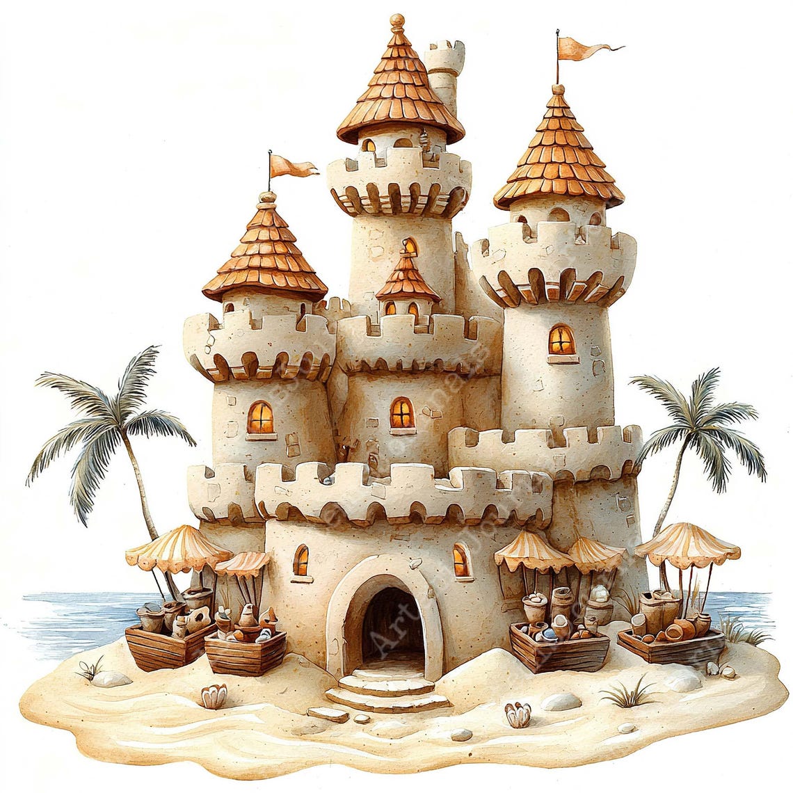 JPEG Watercolor Sandcastle Clipart Bundle Summer Clipart Beach Clipart ...
