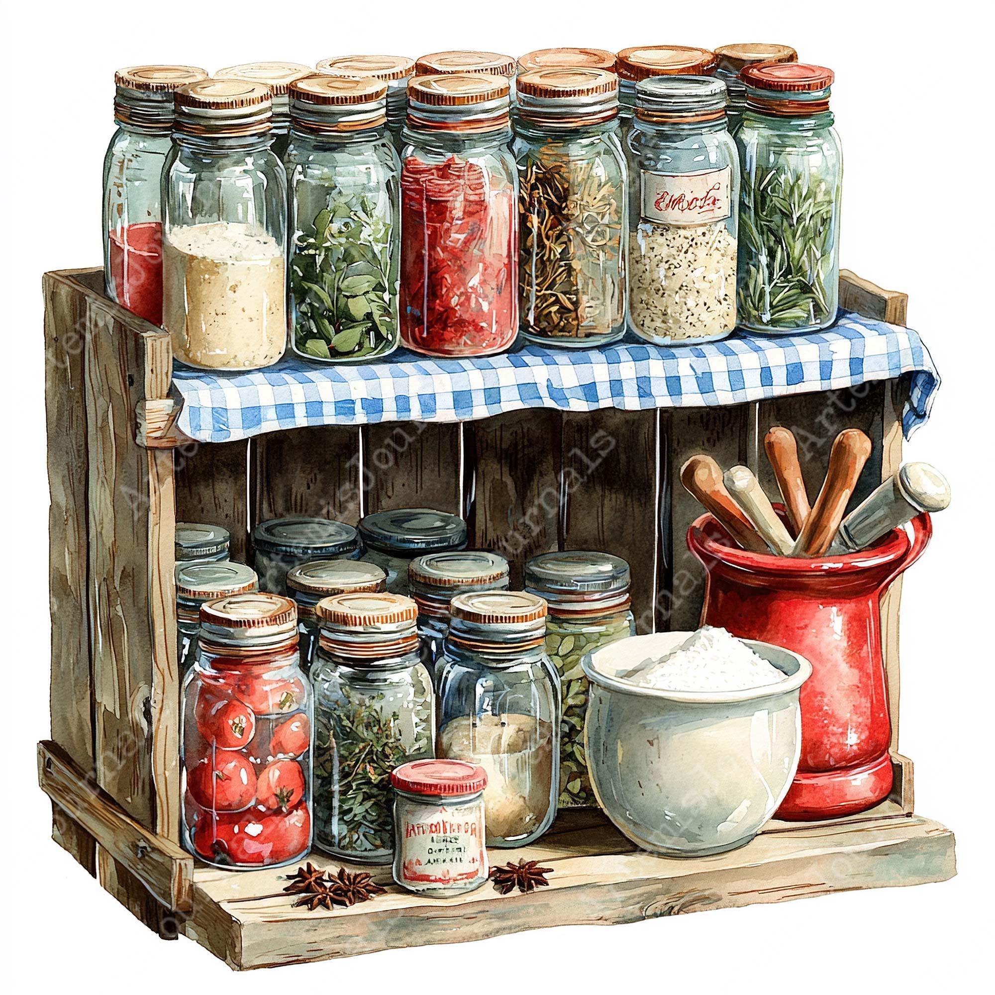 JPEG Vintage Pantry Granma's Rustic Checkered Jars and Tins Clipart ...