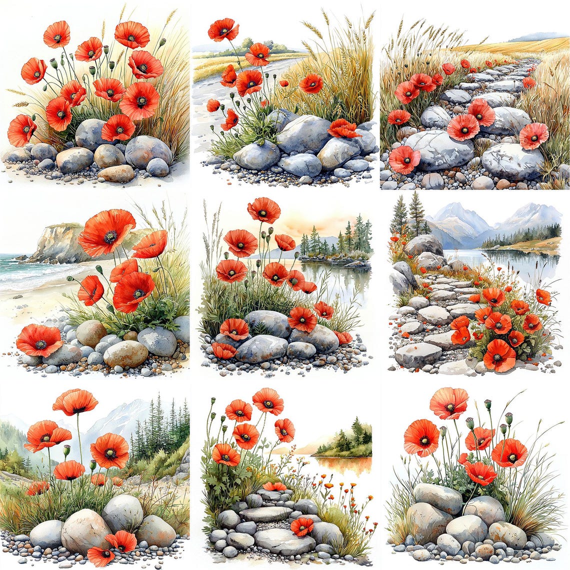 JPEG Watercolor Red Poppy Clipart Bundle Spring Landscape Clipart ...