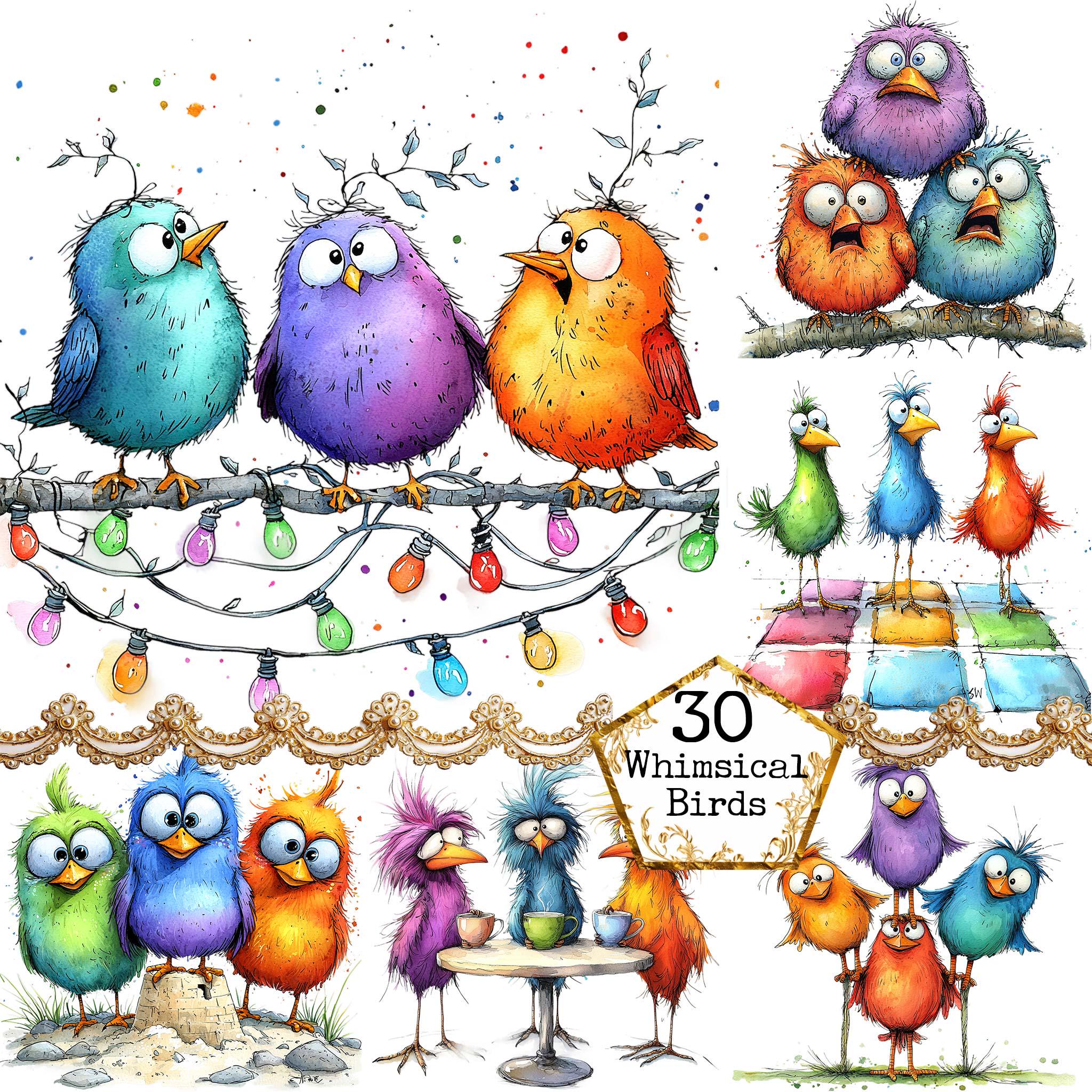 PNG + JPEG Colorful Watercolor Whimsical Birds Clipart Bundle Funny ...