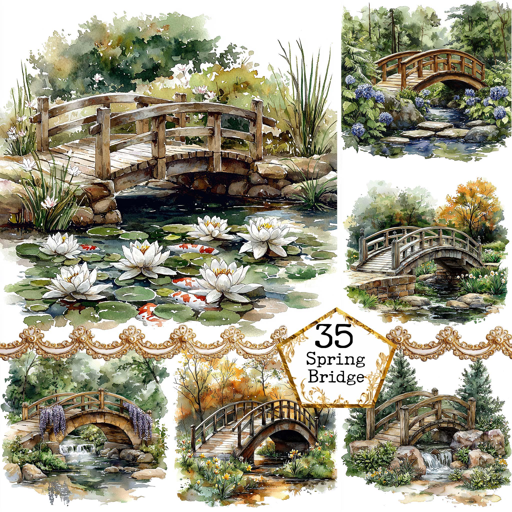 JPEG Watercolor Spring Bridges Clipart Bundle Spring Clipart Floral ...